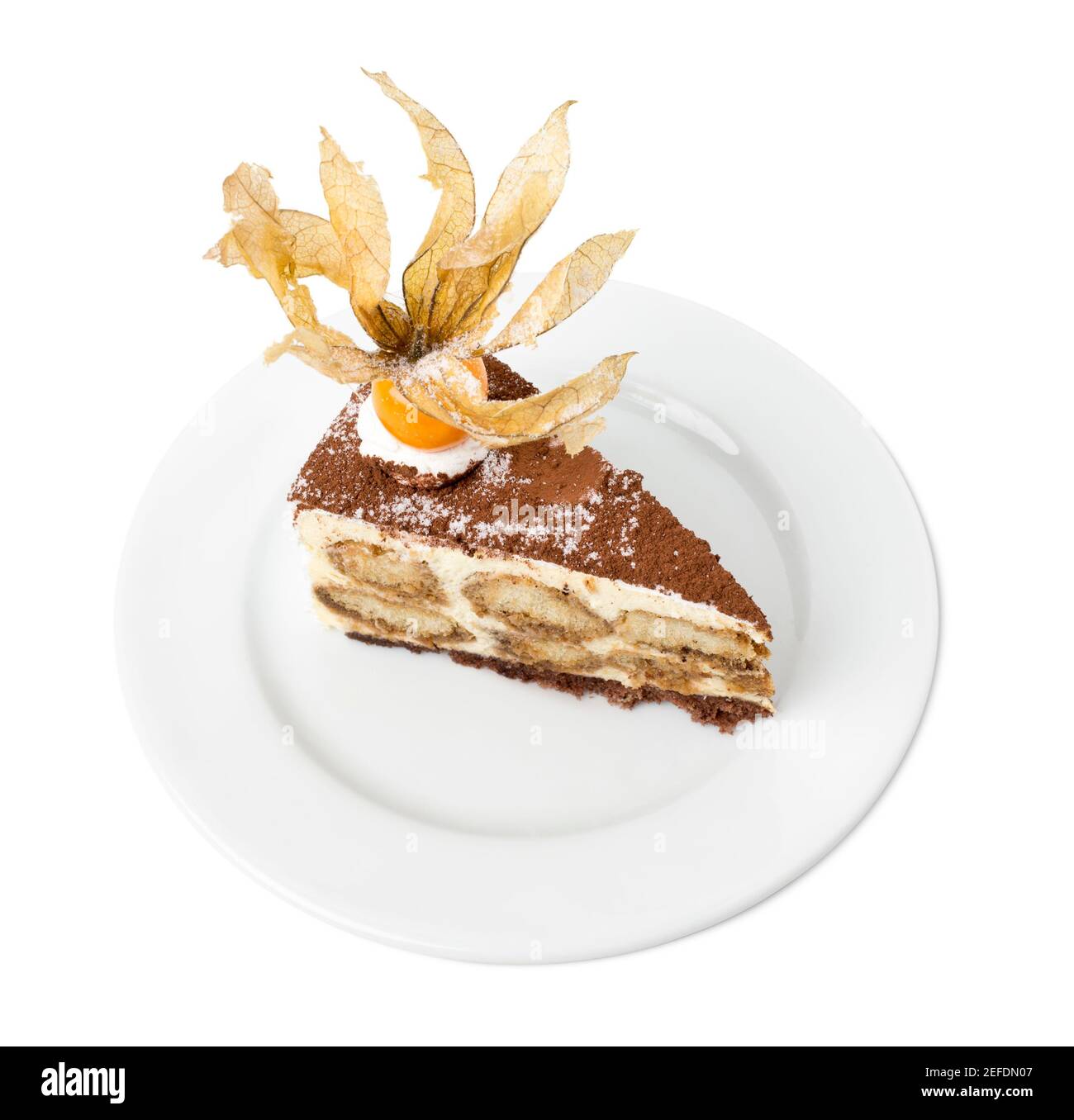 Delicious tiramisu cake with physalis. Isolated on a white background ...