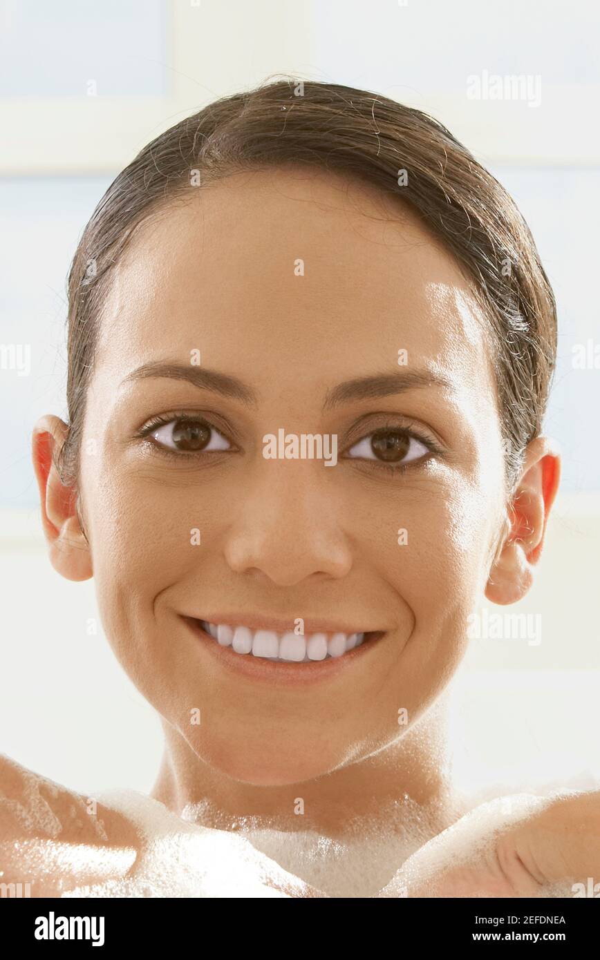 Hygiene routine looking at camera smiling inside of body care hi-res ...