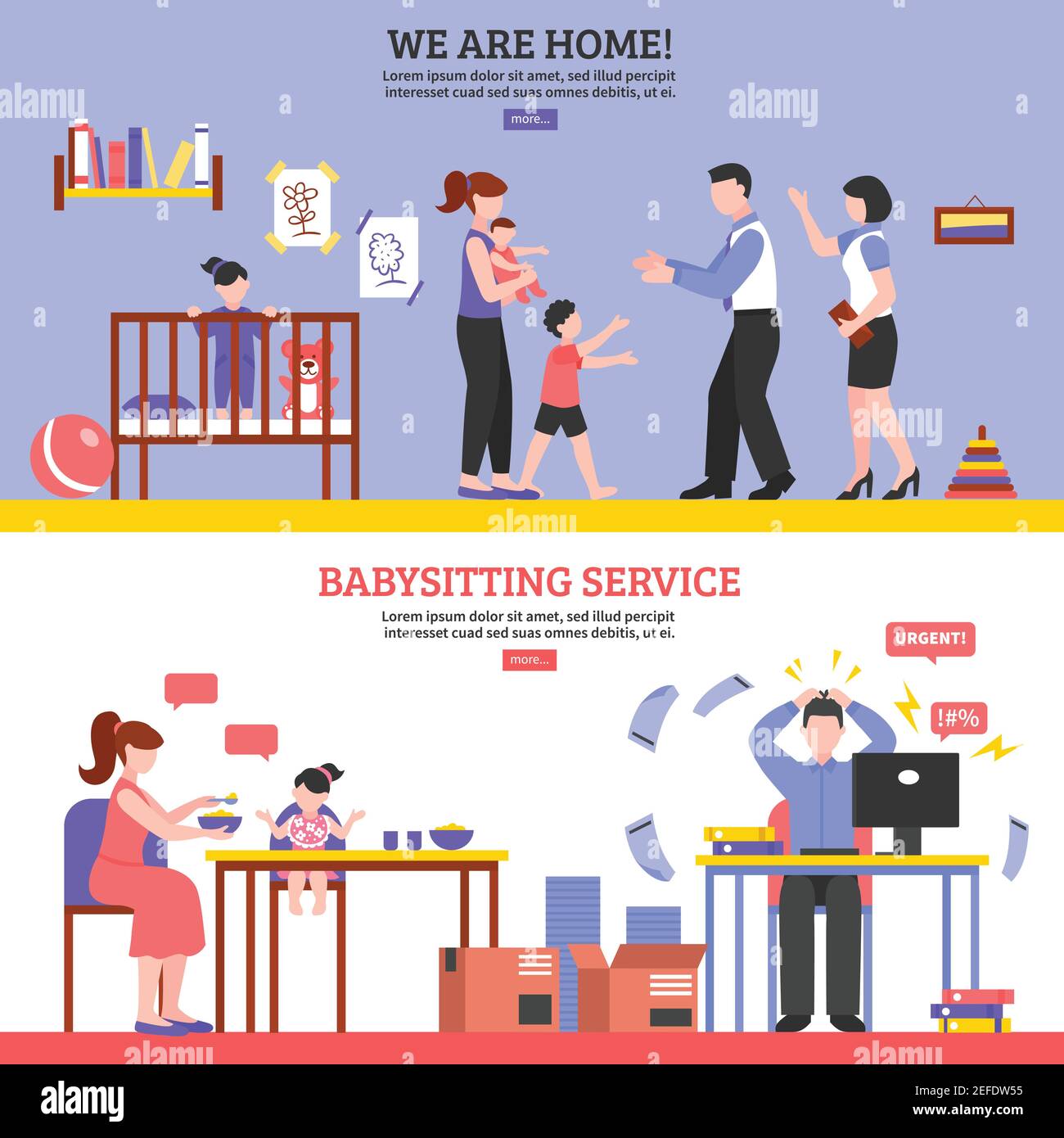 Babysitter horizontal banners set with nanny symbols flat isolated ...