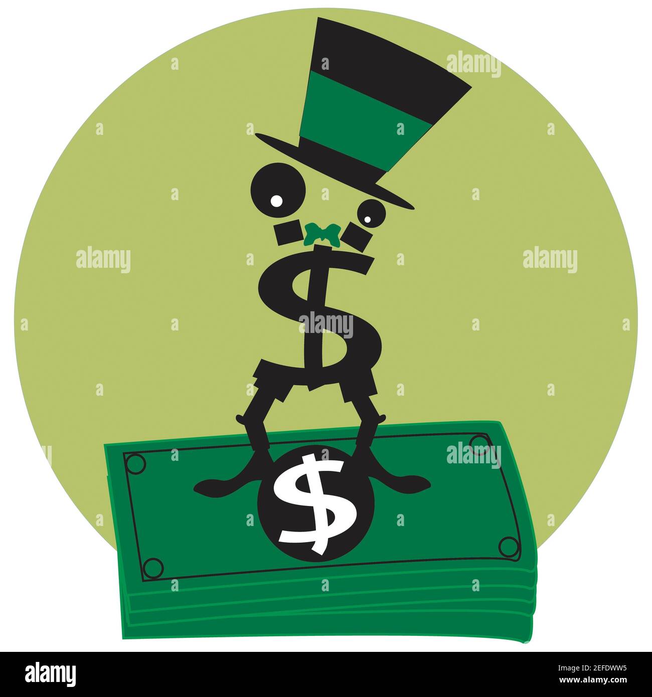 Dollar symbol wearing a top hat standing on top of a stack of American ...