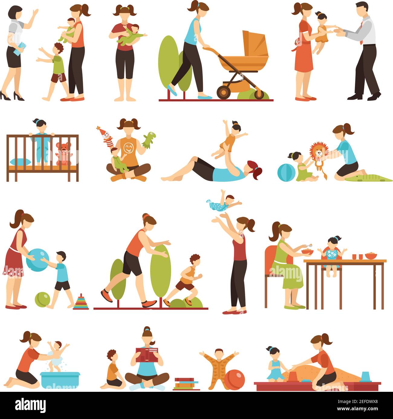 Babysitter flat set of decorative colored icons with nanny parents and ...