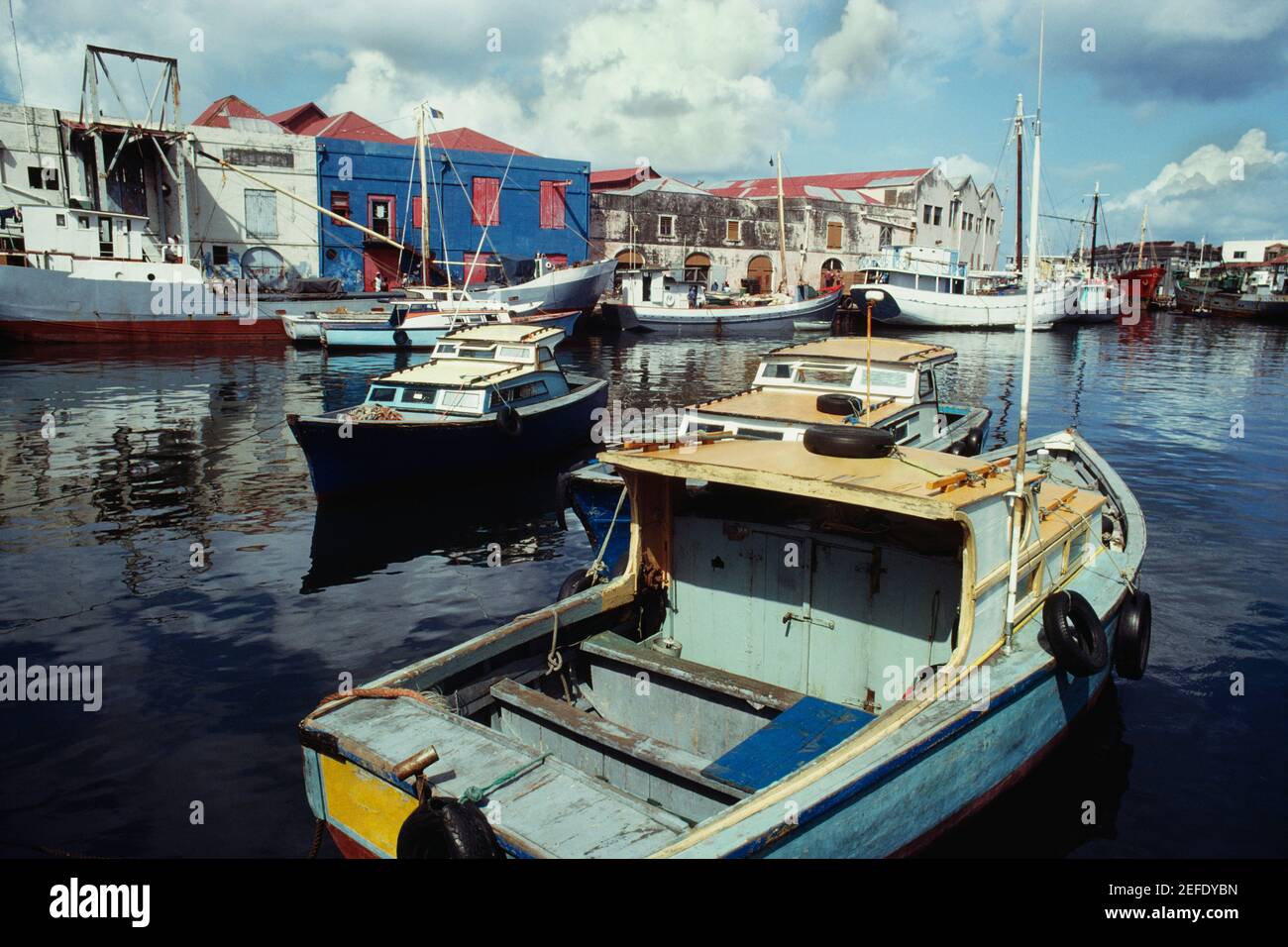 Boats anchored at a port, Bridgetown, Barbados, Caribbean Stock Photo ...