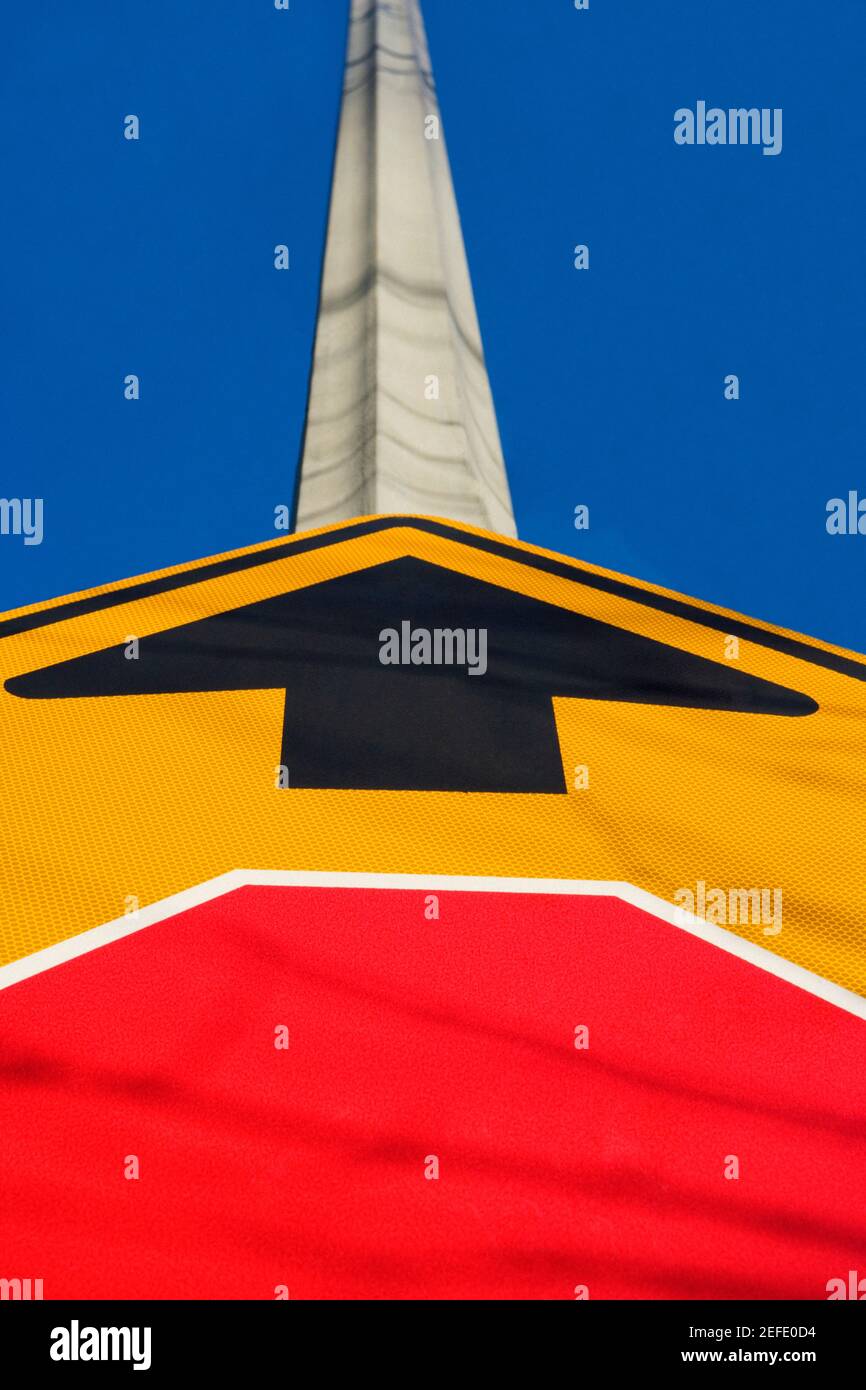 Arrow sign in front of monument, Washington Monument, Washington DC ...