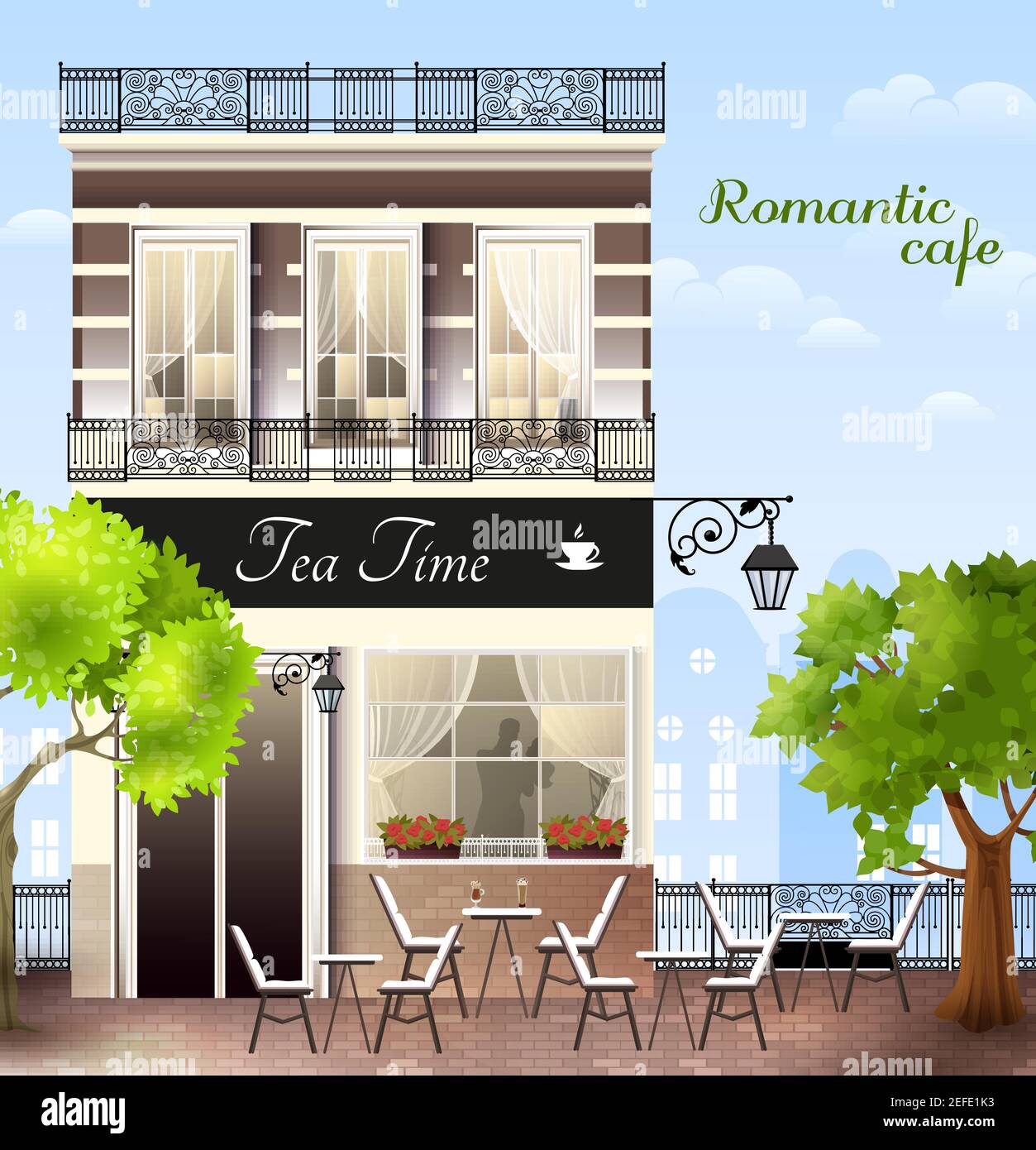 European facade of house with cafe and tables outdoor, green trees on ...