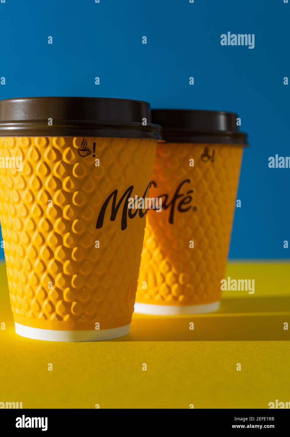 Ukraine, Kyiv - February 17, 2021: Yellow glass of coffee from McDonald ...