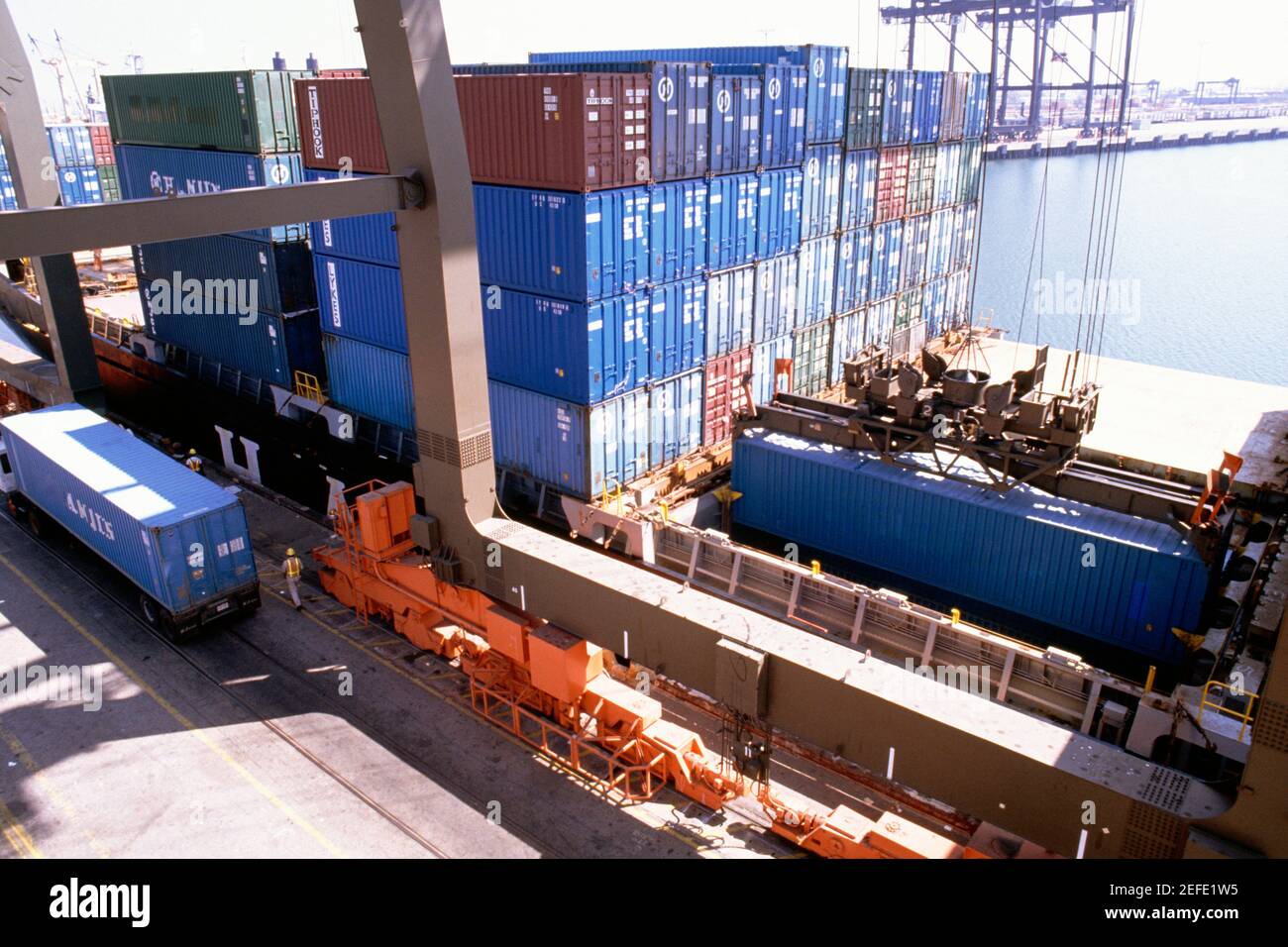 High angle view of a ship loaded with containers, Los Angeles, USA ...
