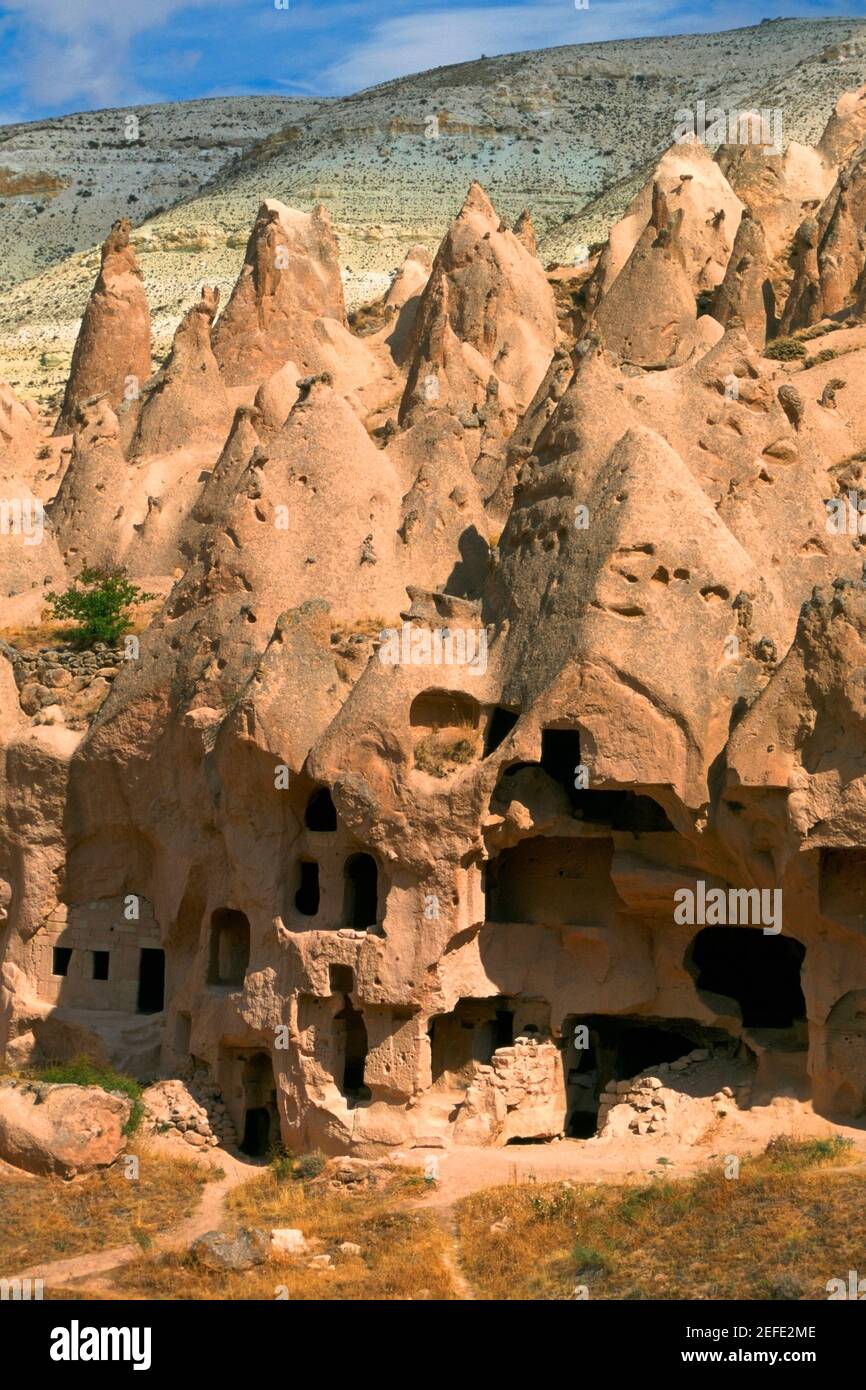 High angle view of cave dwellings, Zelve Valley, Cappadocia, Turkey ...