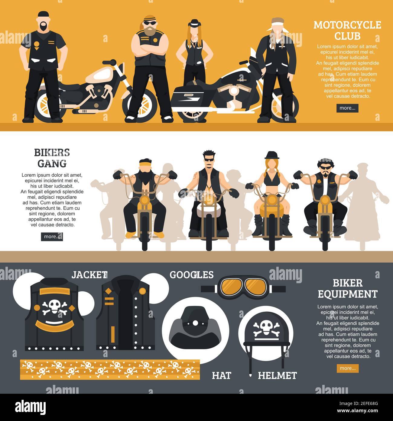 Bikers horizontal banners set with bikers gang symbols flat isolated ...