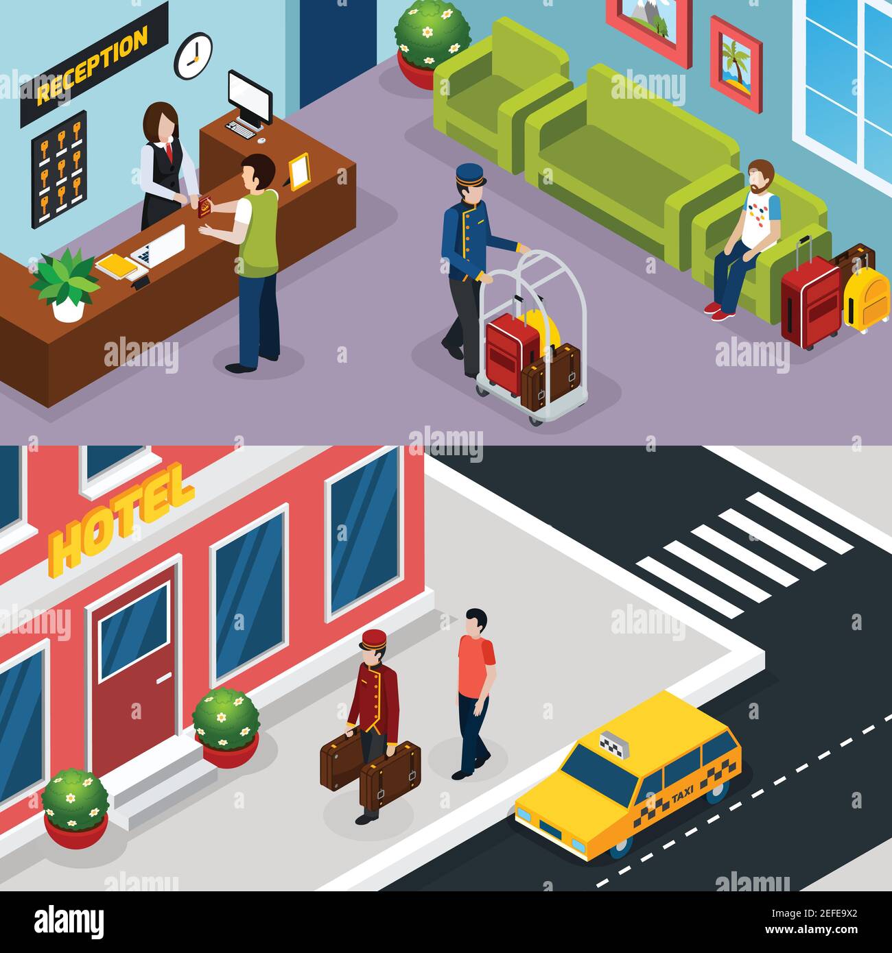 Two horizontal hotel service isometric banner set with working process ...