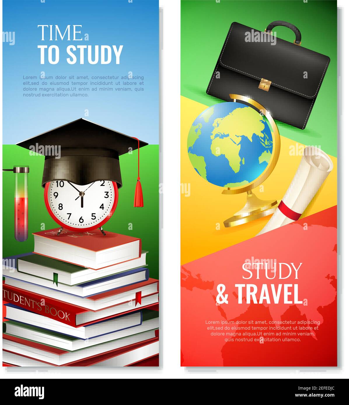 School vertical banners including graduation hat, alarm clock and books ...