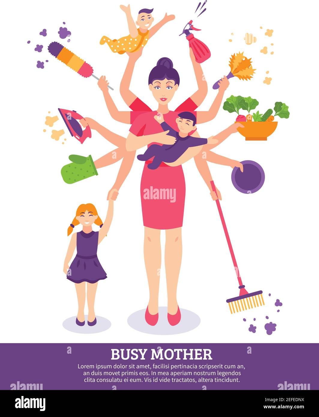 Busy mother concept with children household items and toys flat vector ...