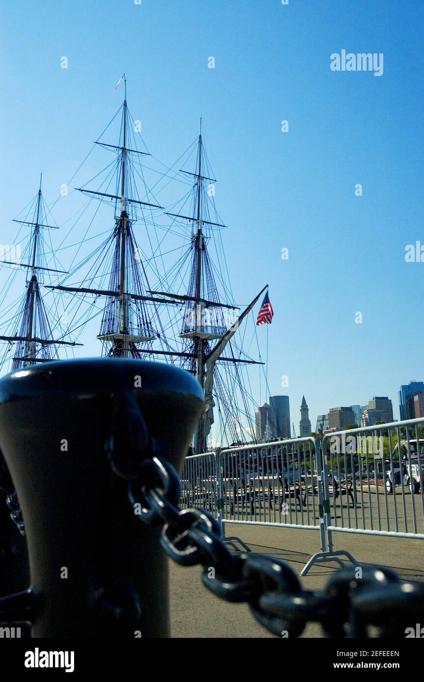 Low angle view of the chain of a sailing ship moored at a port Stock ...