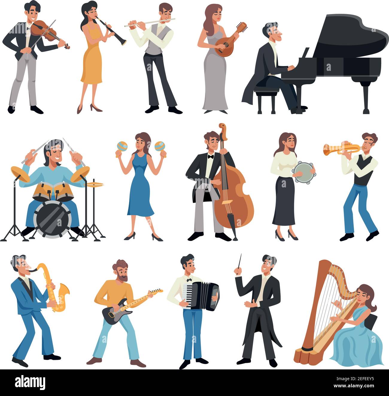 Colored and isolated musician icon set with men and women play ...