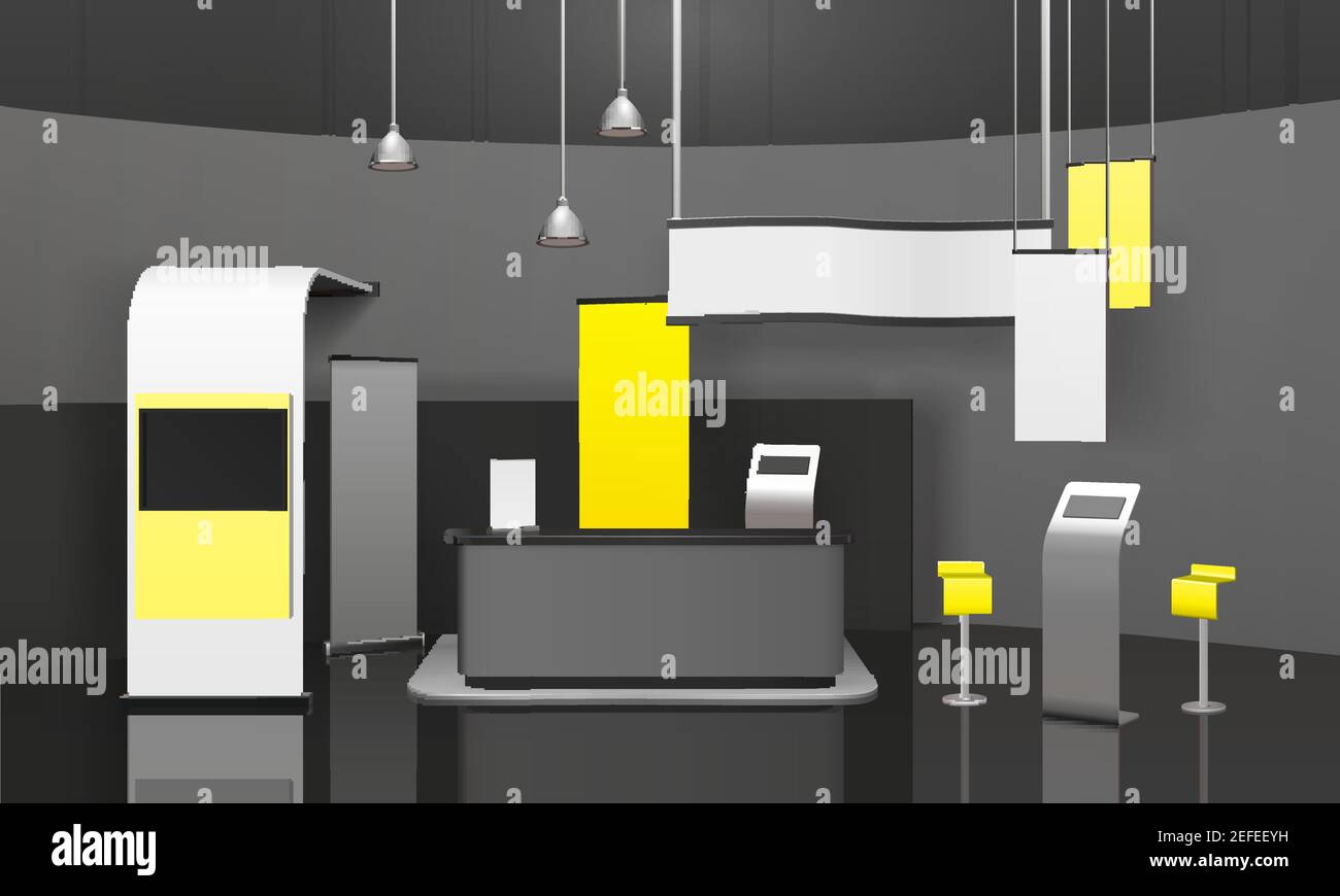 Advertising exhibition stand with counter, banners, displays, shelves ...