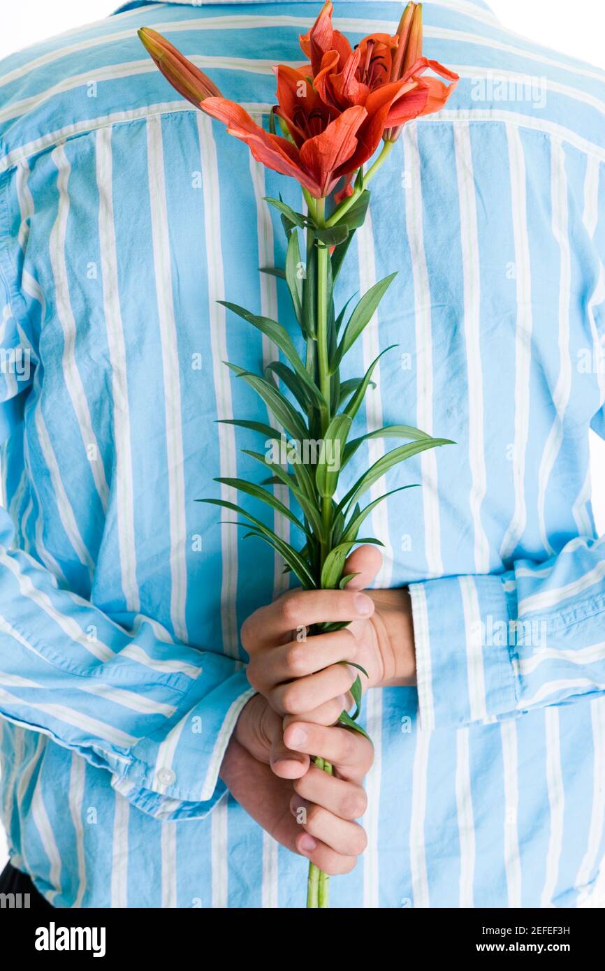 Rear view of a man hiding flowers behind his back Stock Photo - Alamy