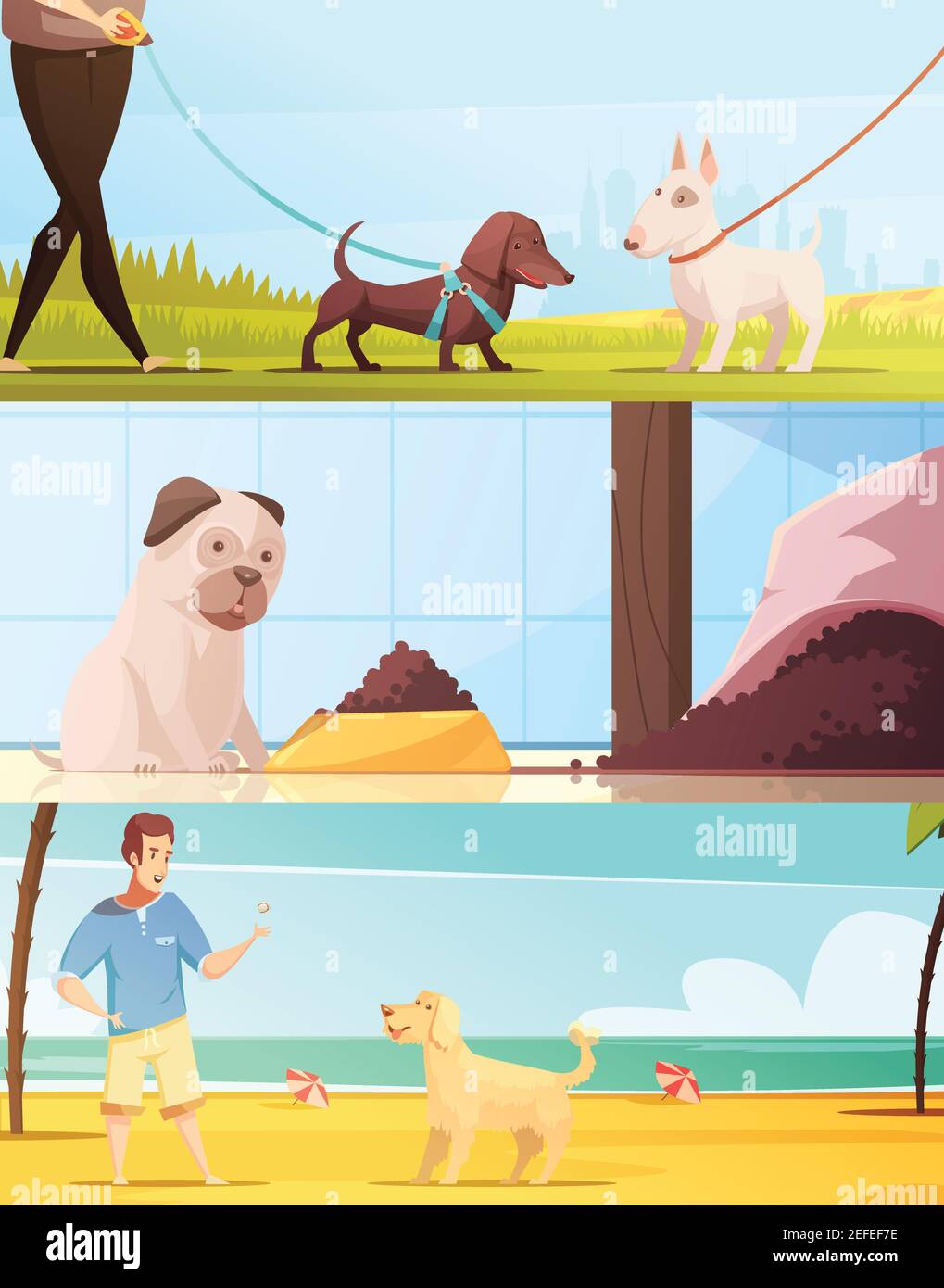 Dog horizontal banners set with walking symbols cartoon isolated vector ...