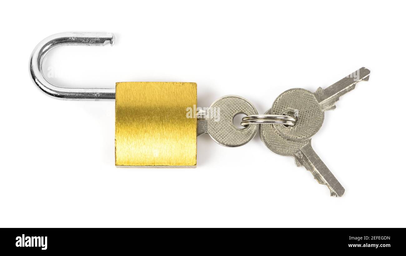 Open yellow padlock and the keys isolated on white background with ...