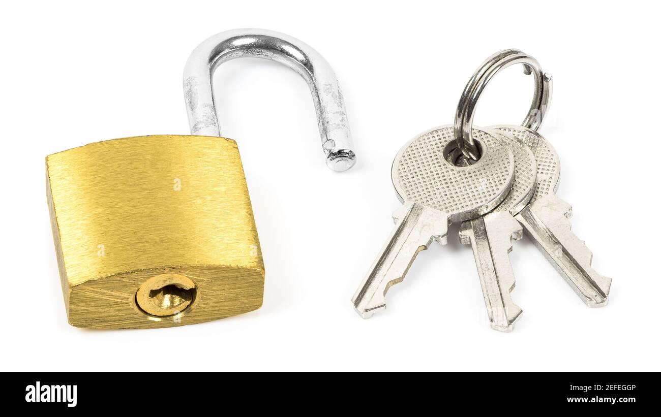 Open yellow padlock and the keys isolated on white background with ...