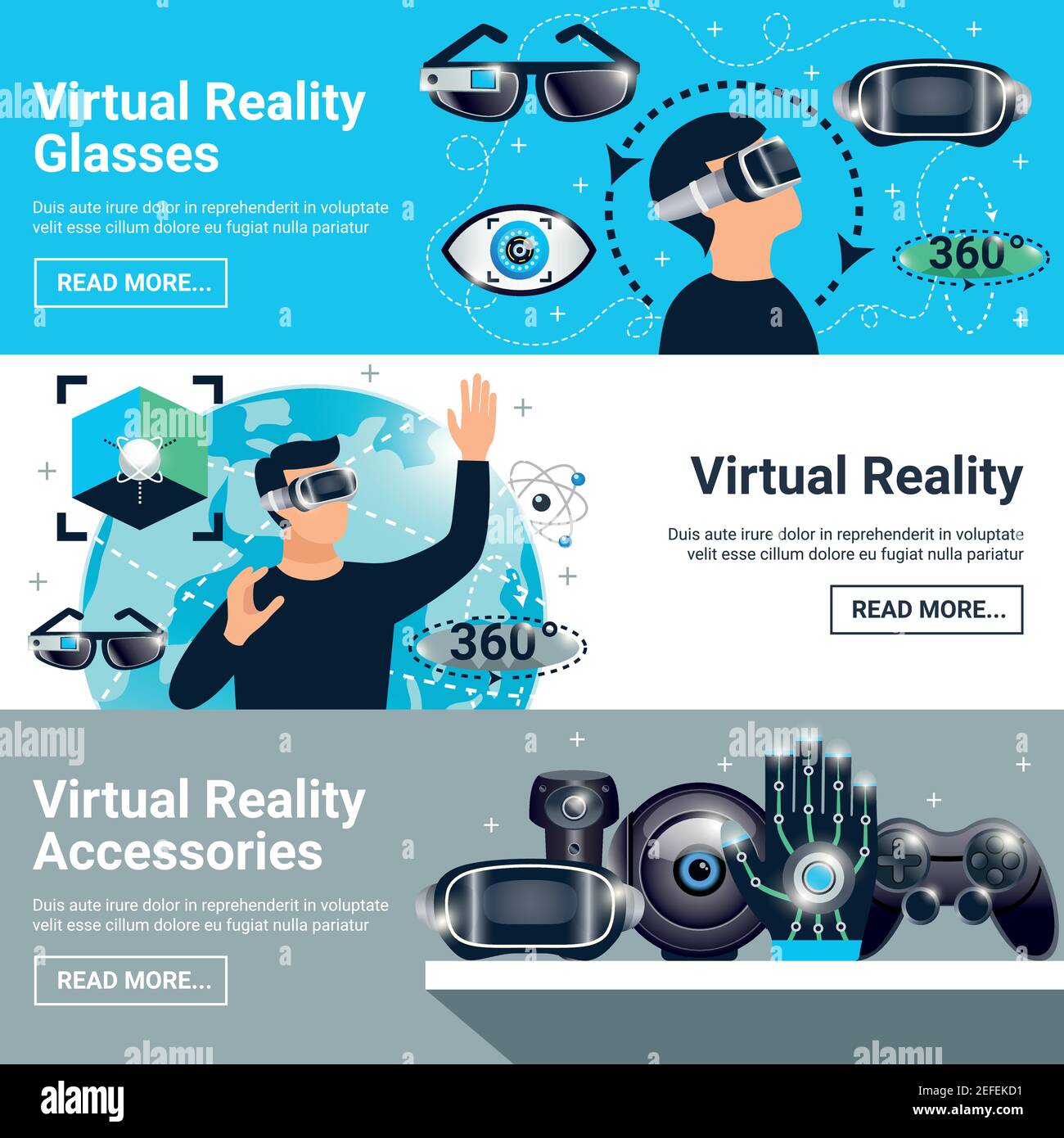 Three horizontal virtual reality banner set with glasses accessories ...