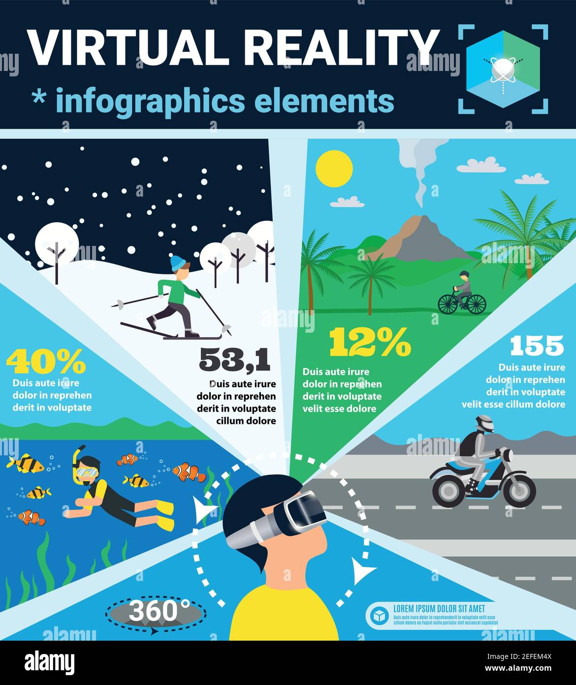 Colored virtual reality infographics with four popular use of reality ...