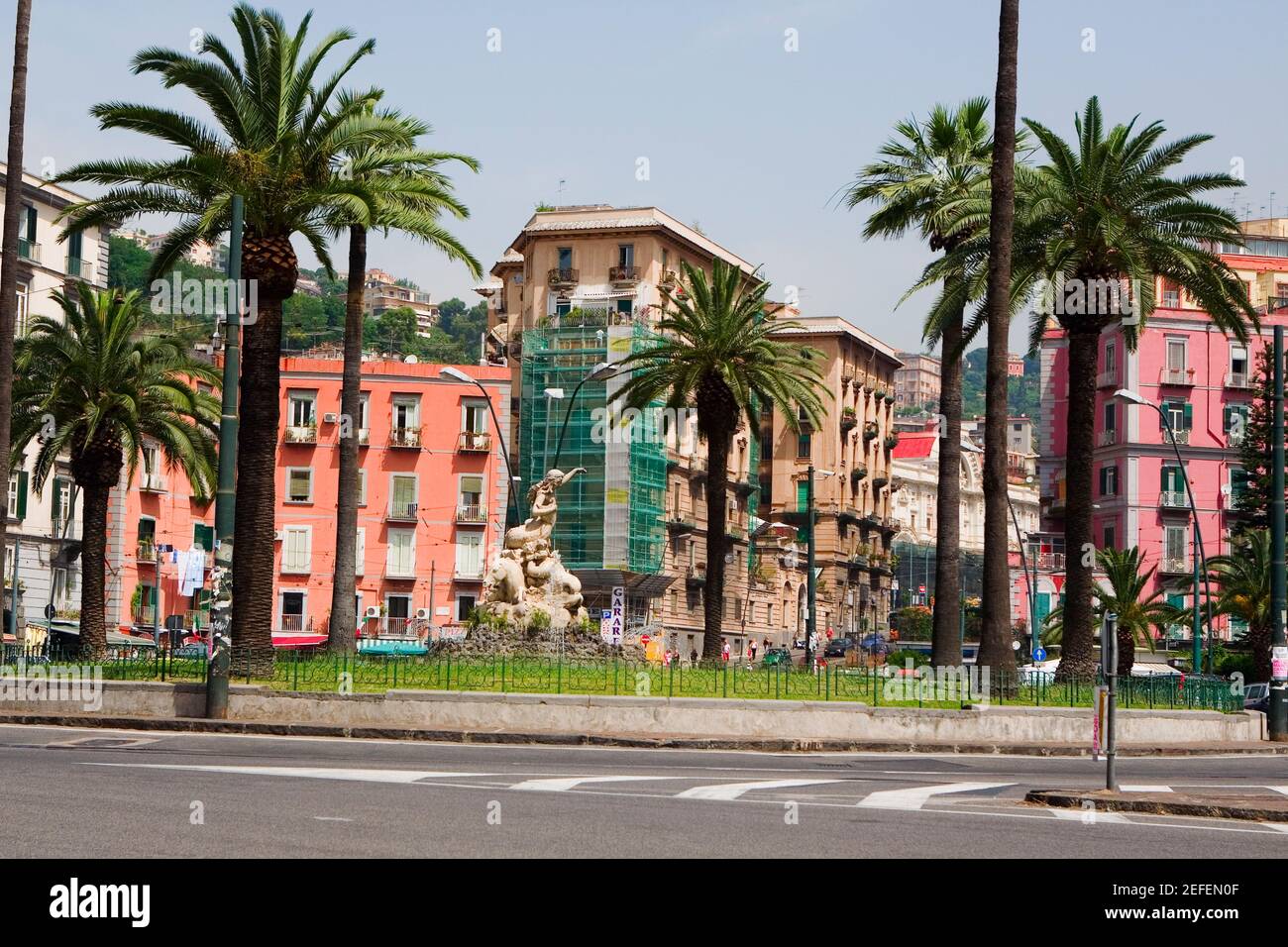 Palm trees in front of buildings, Fontana della Sirena, Piazza ...