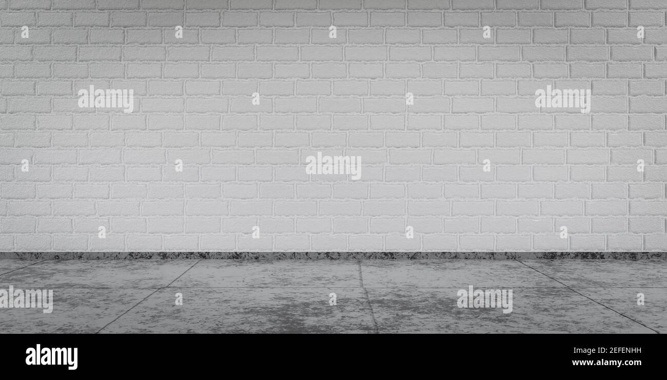 white brick concrete wall in big room with conrete tile floor 3d render illustration Stock Photo ...