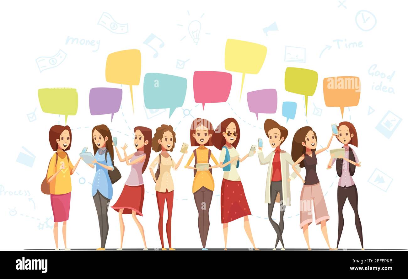 Teenagers girls characters communication online retro cartoon poster ...