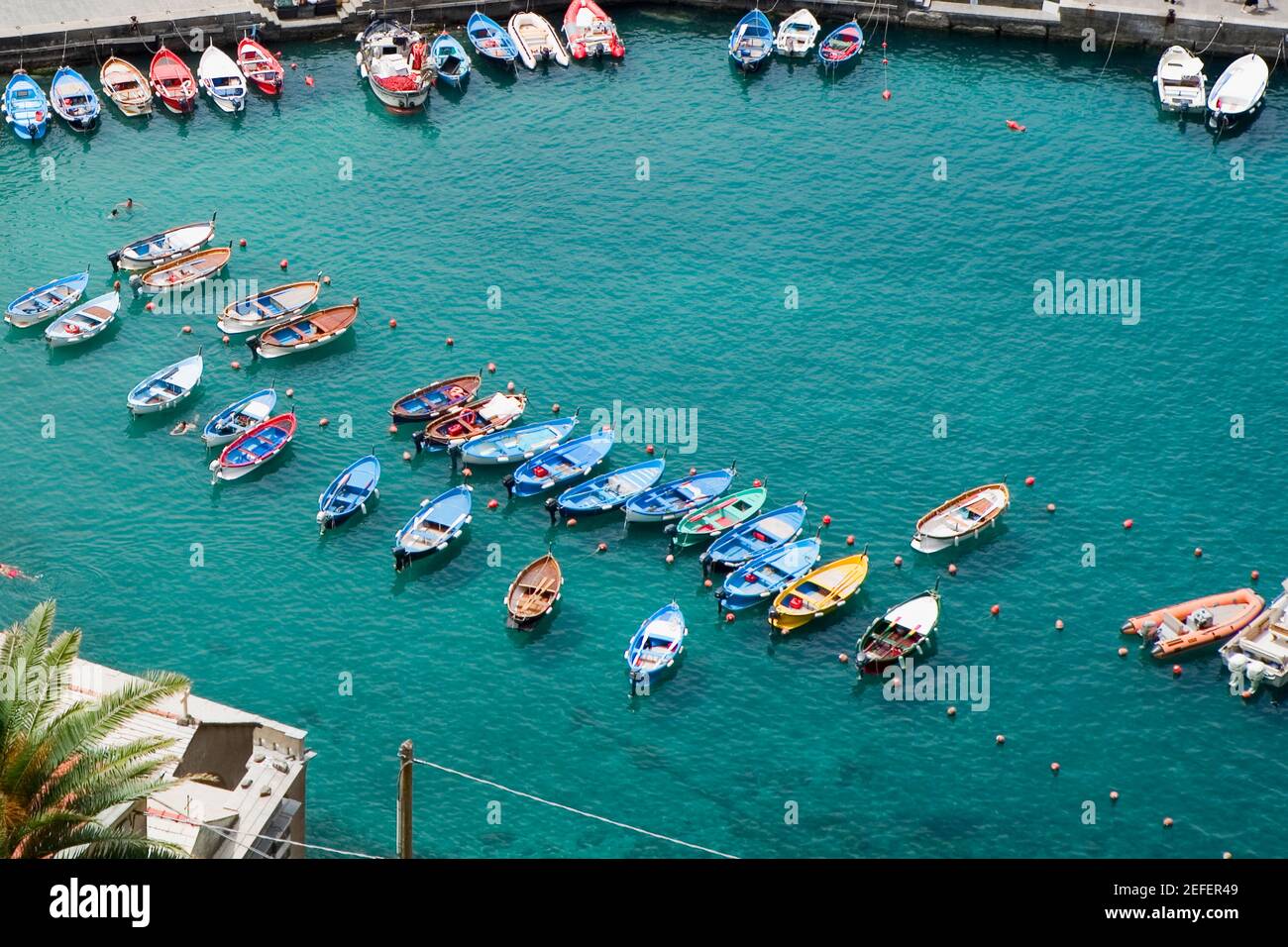 Boats docked at harbor, Italian Riviera, Cinque Terre National Park, Il ...