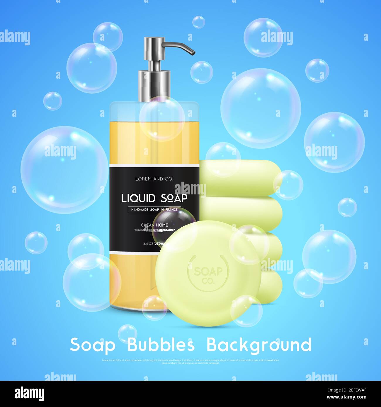 Soap liquid dispenser and round bars realistic advertisement poster ...