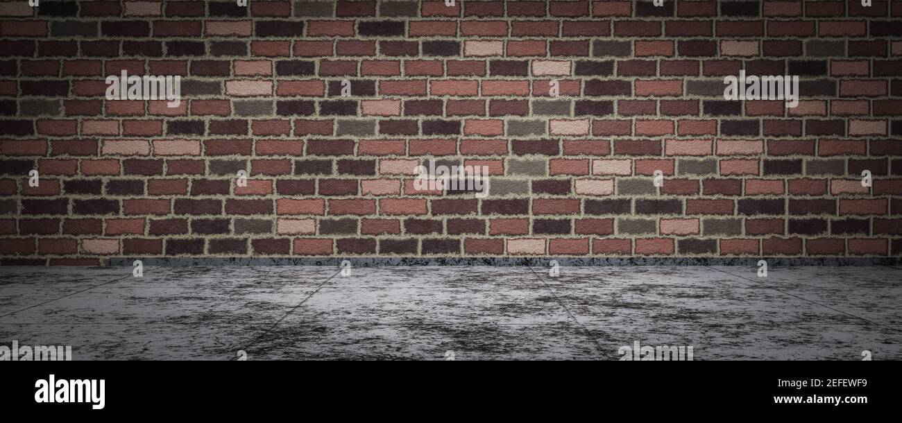 empty weathered stained old brick wall with concrete floor 3d render ...