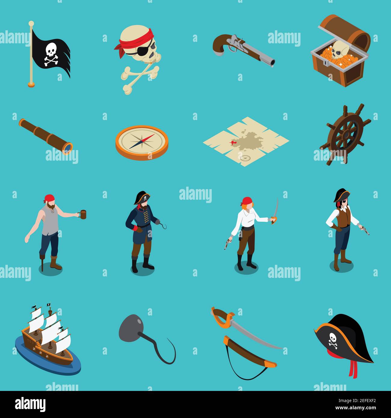 Pirates isometric icons with hand hook binoculars weapon map flag trunk ...