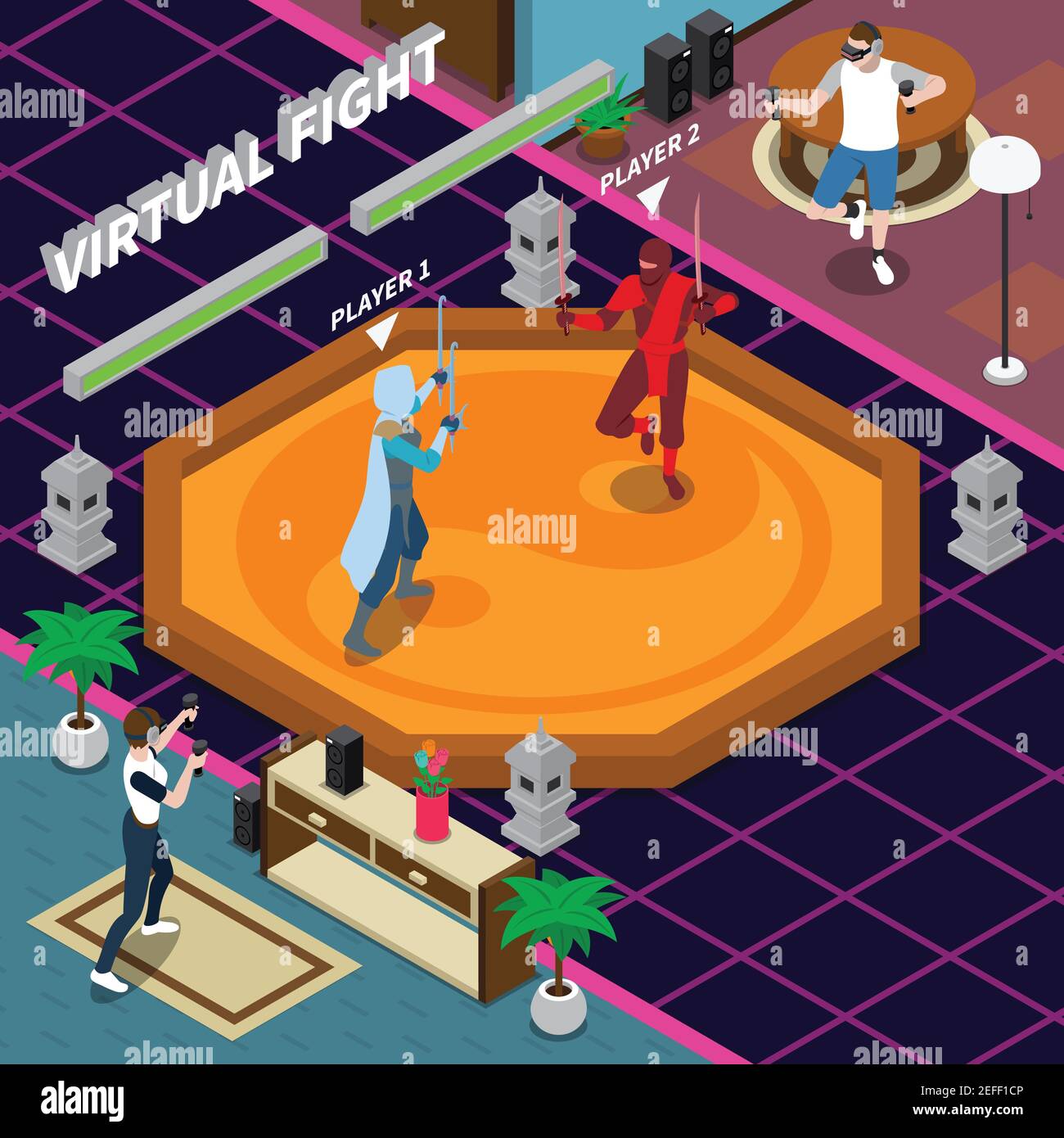 Virtual fight scene including players with electronic equipment gaming ...