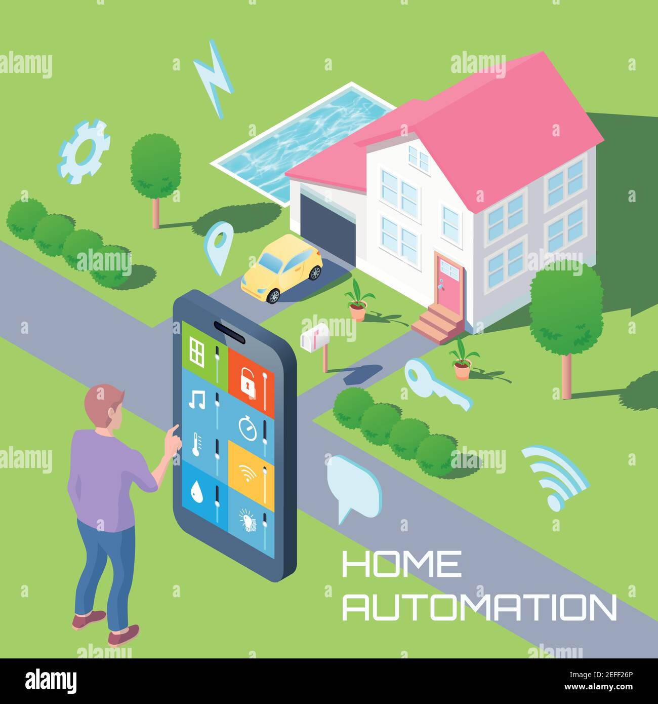 Home automation isometric design composition with man monitoring ...