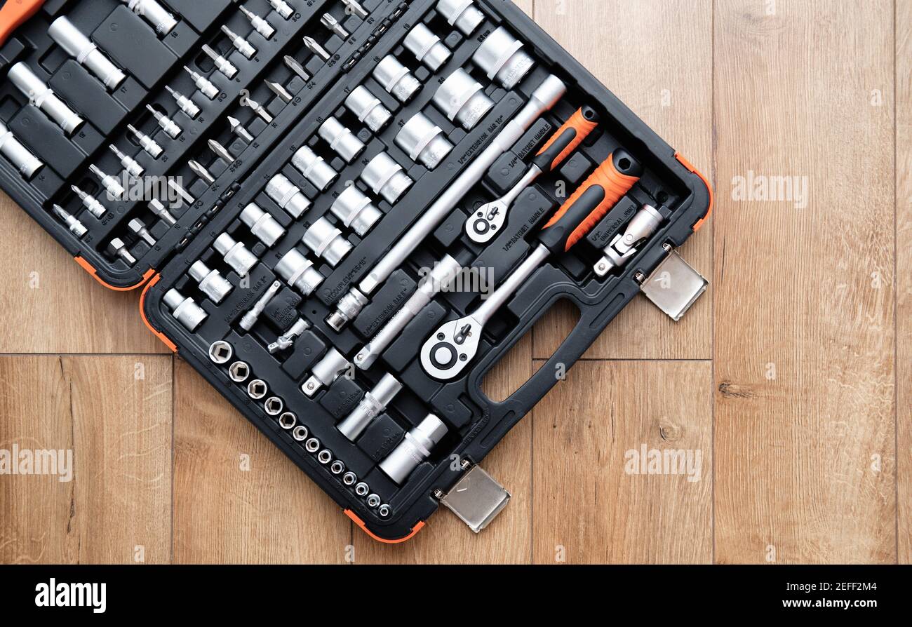 Tool Kit for the Car. Various metal tools on wooden background Stock ...