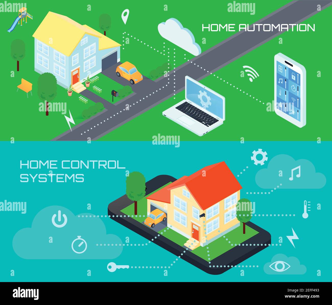 Smart home automation control system 2 horizontal colorful banners set ...