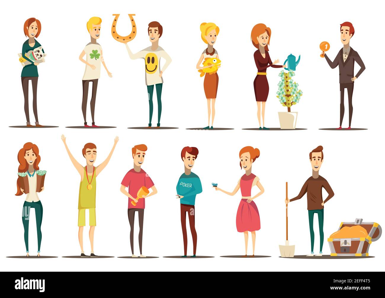 Lucky situations flat set of doodle style flat images of isolated human ...