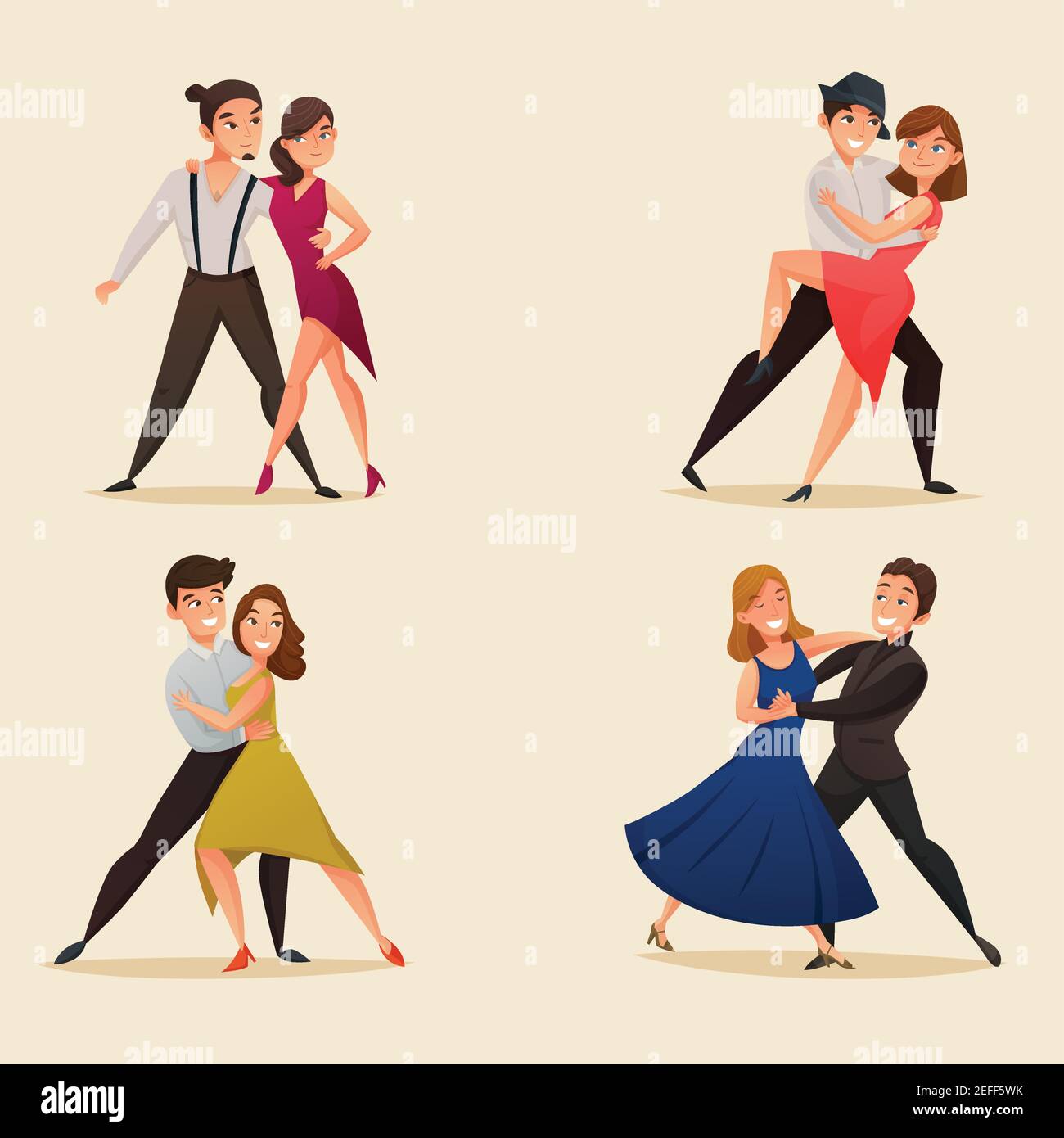 Dance pairs 4 retro cartoon icons set with waltz tango and salsa styles moves isolated vector ...