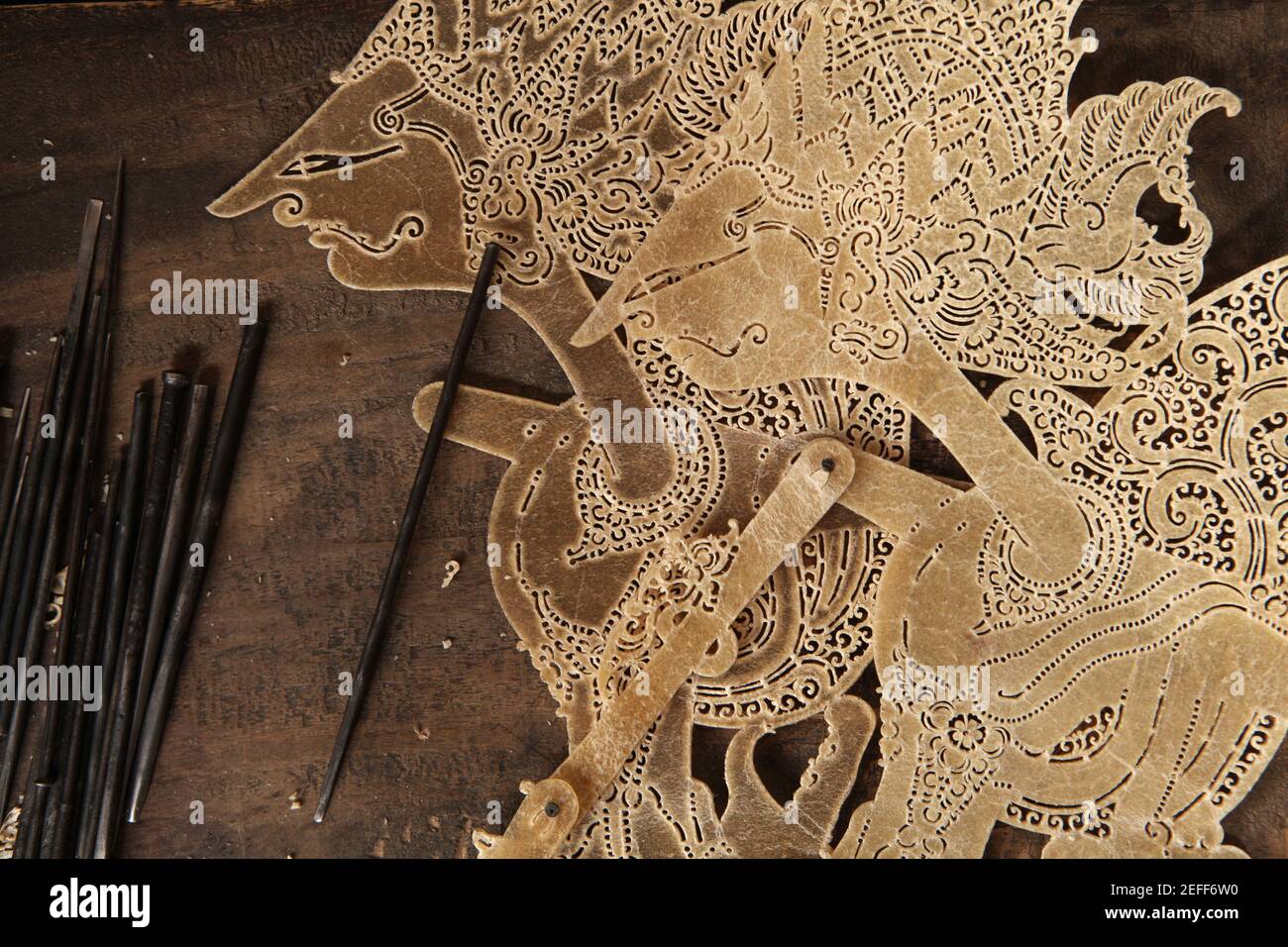 Unfinished leather puppet of Rama for wayang kulit theatre seen in the ...