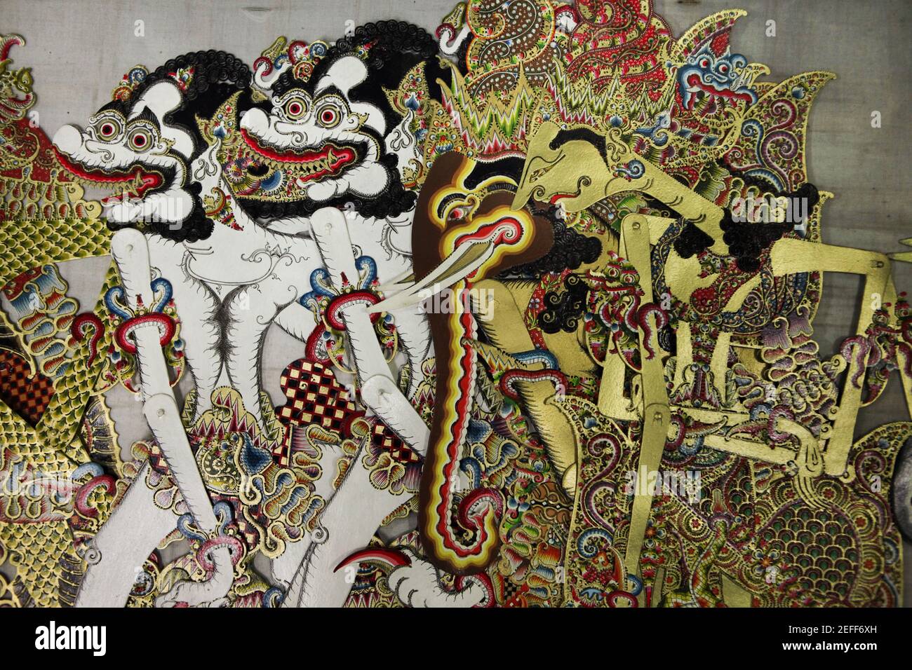 Wayang kulit puppets of Hanuman, Ganesha and Rama on display in the ...