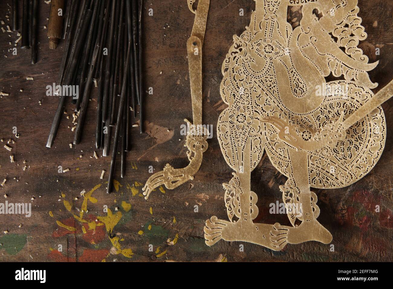 Unfinished leather puppet for wayang kulit theatre seen in the Classic ...