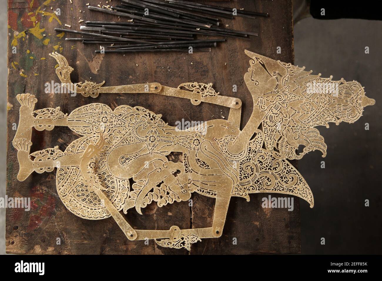 Unfinished leather puppet of Rama for wayang kulit theatre seen in the ...