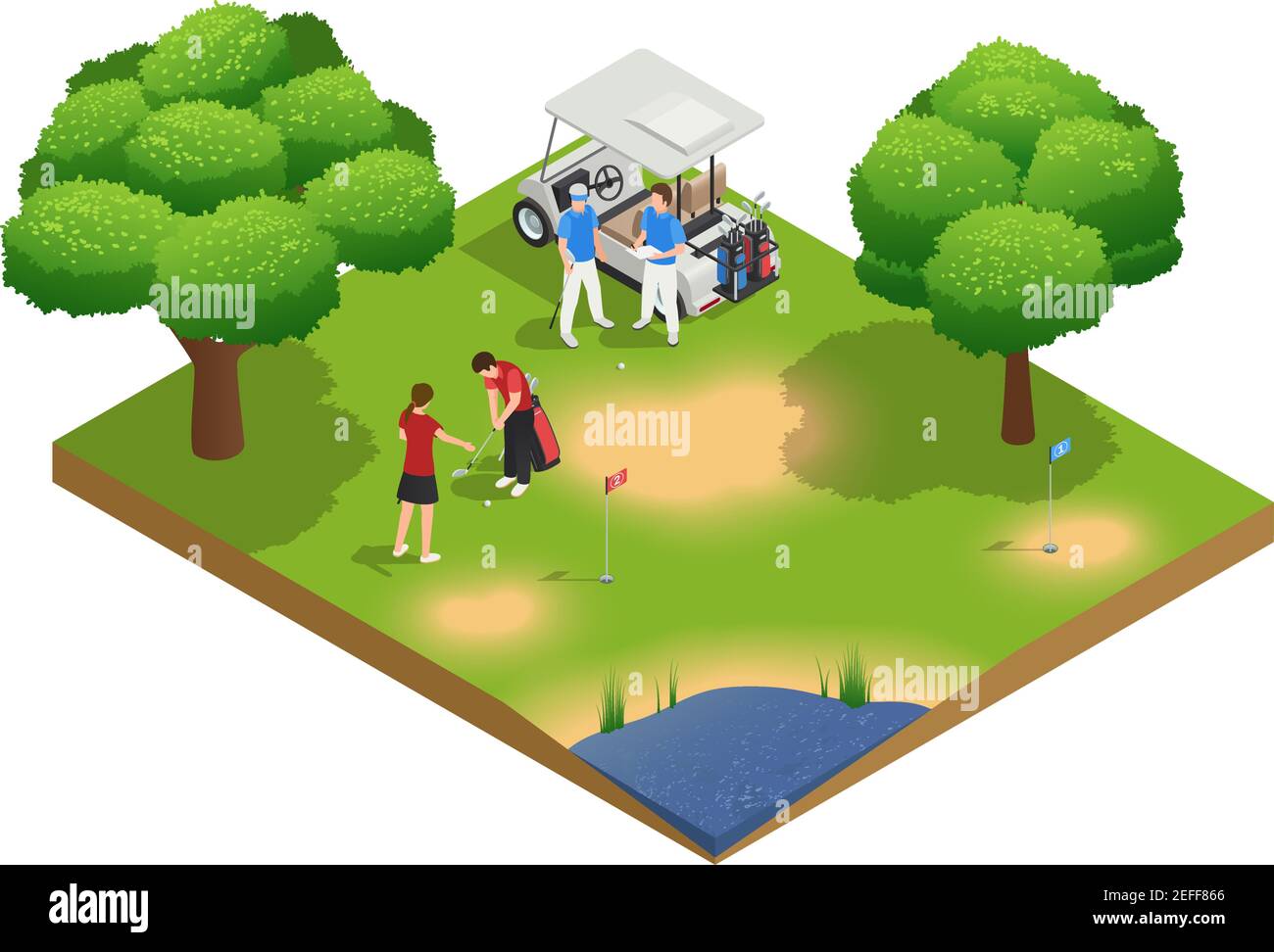 Green golf course isometric top view composition with people golfing ...