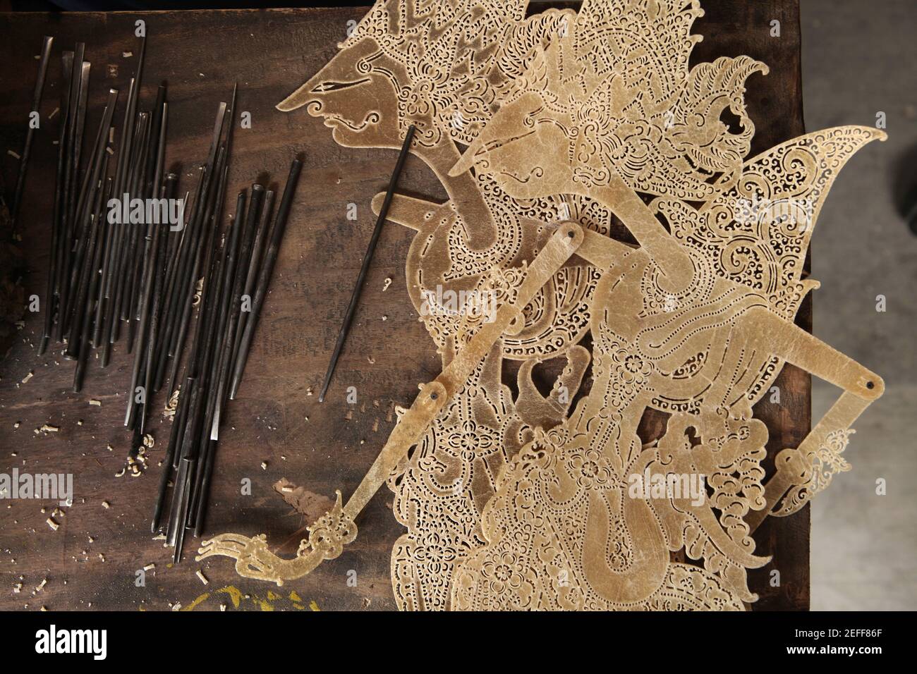 Unfinished leather puppet of Rama for wayang kulit theatre seen in the ...