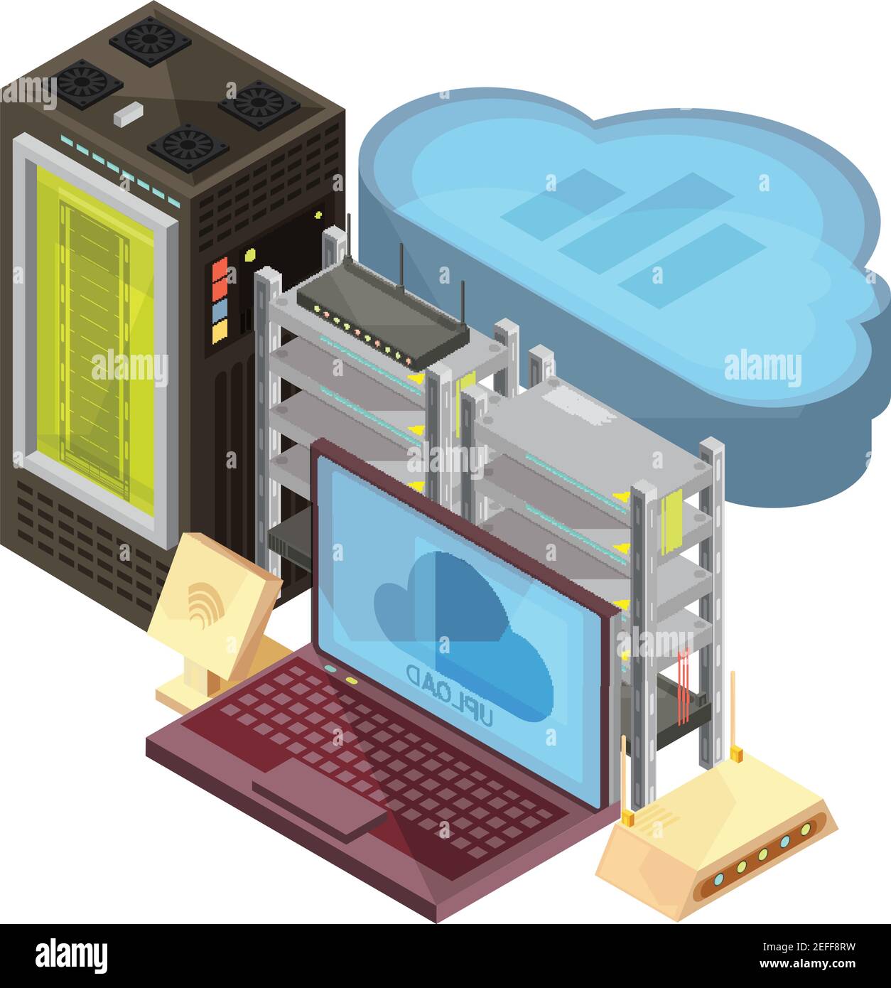 Isometric composition with data cloud, laptop, hosting server, router ...
