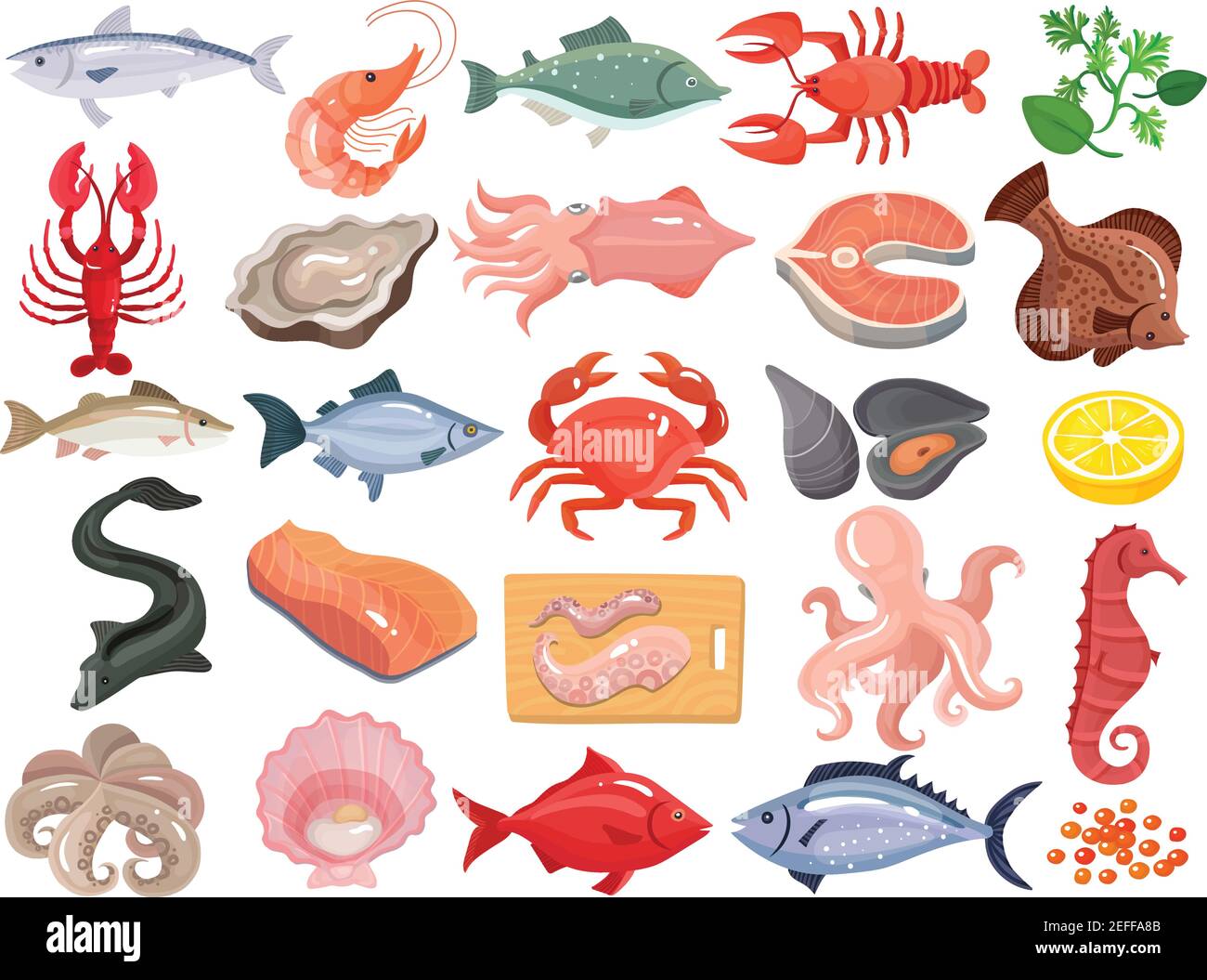 Seafood dinner menu items flat icons big set with crab crayfish oyster ...