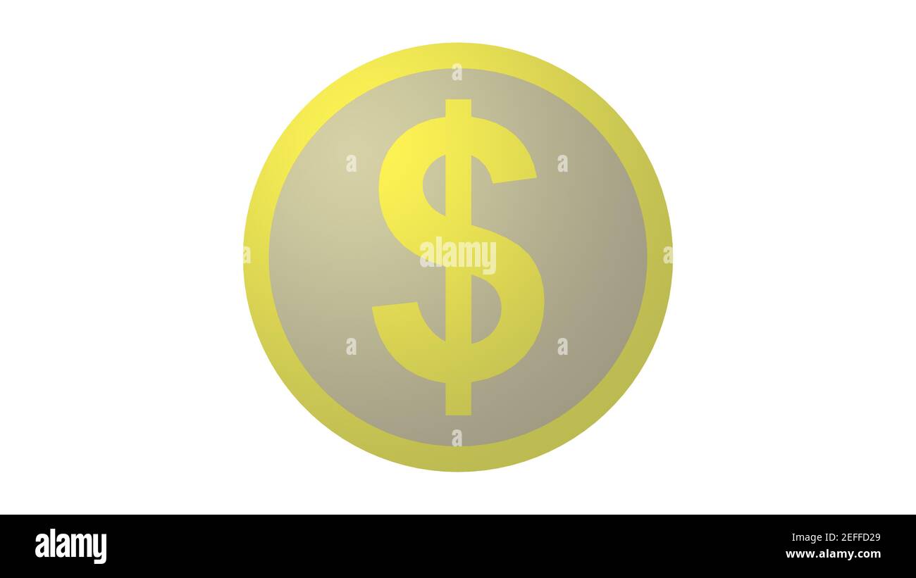 Dollar symbol on flat cartoon yellow coin isolated on white background ...
