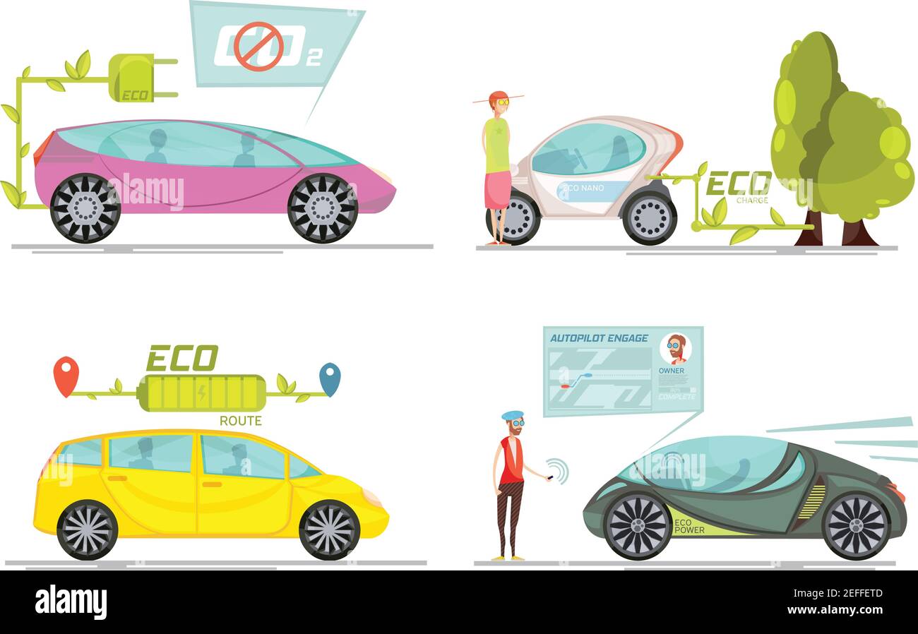 Colorful eco friendly electro cars 2x2 concept isolated on white ...