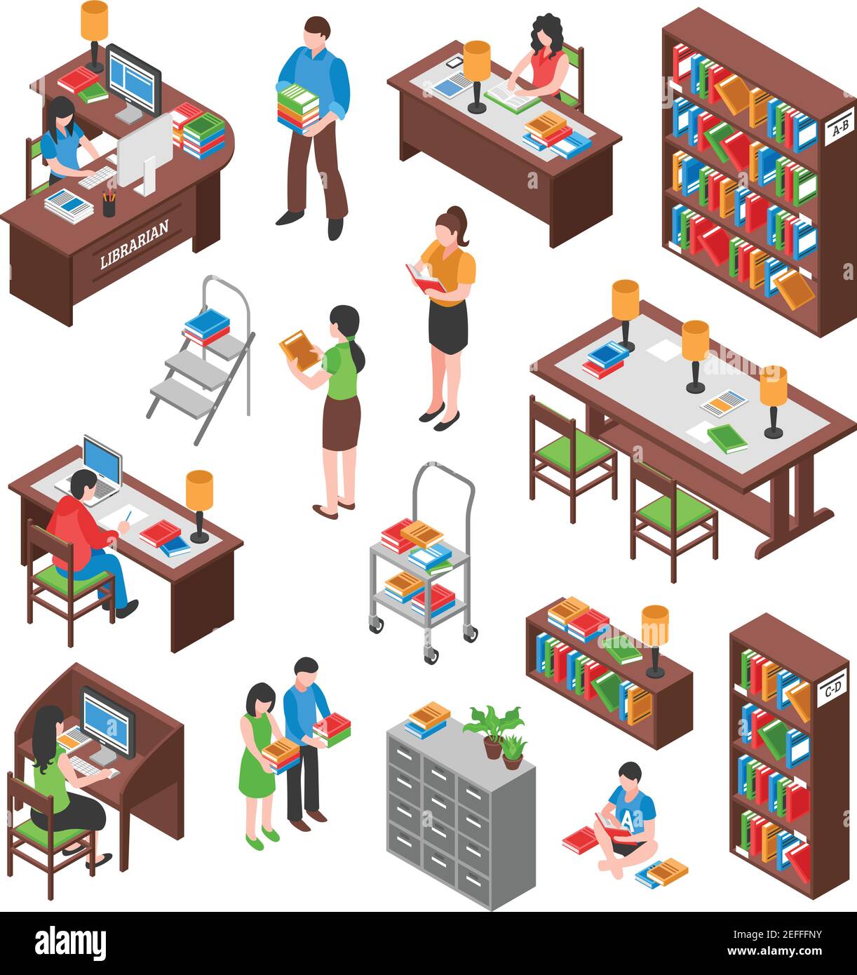 Library isometric set with employee visitors workplaces bookcases and ...