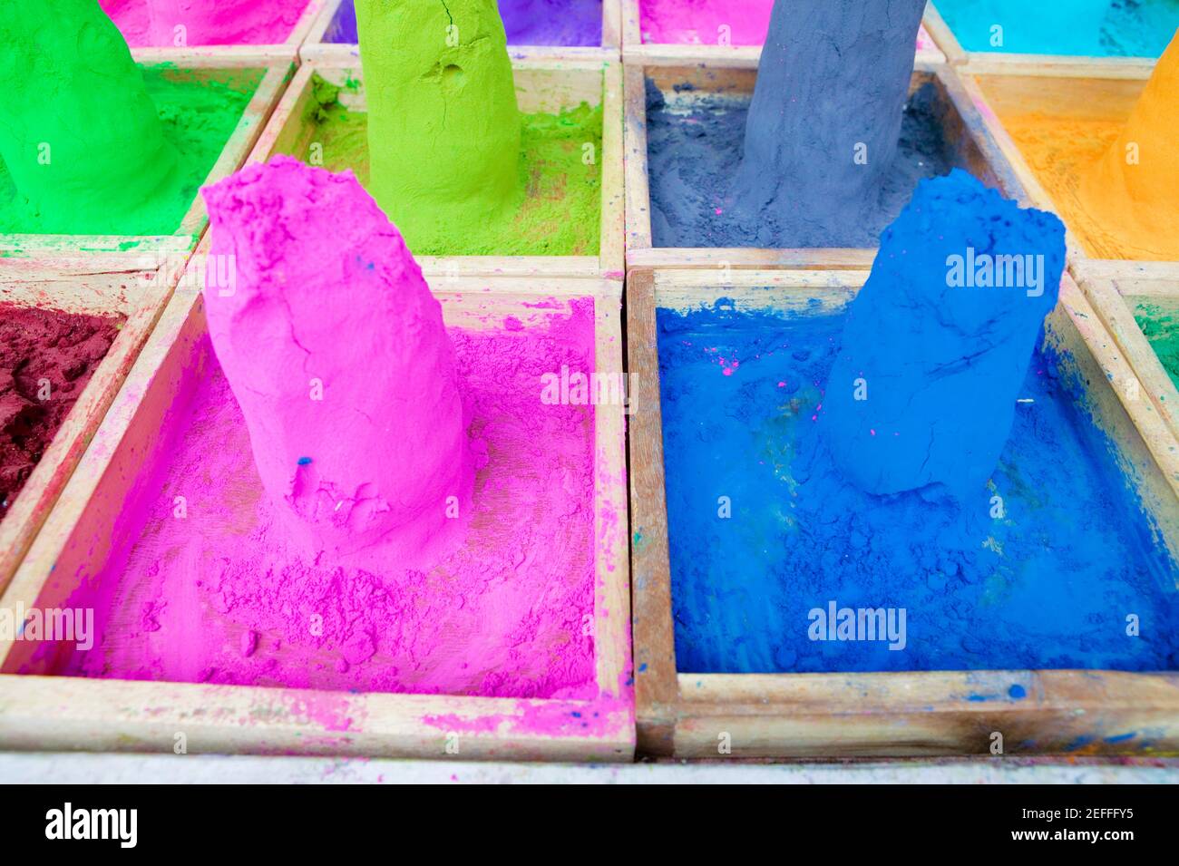 Close-up of mounds of colored powder used for Hindu rituals, Pushkar ...