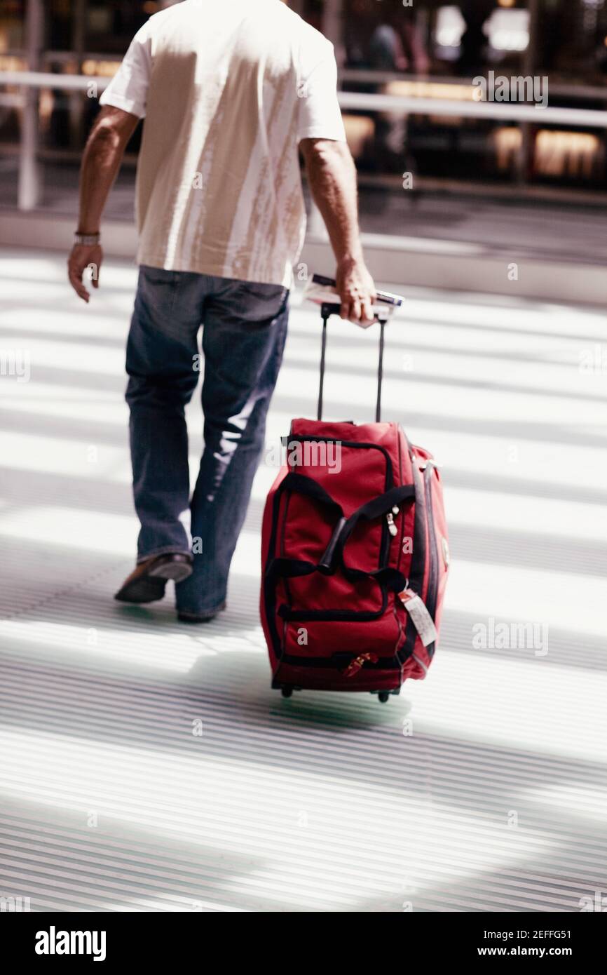 Rear view of a man walking and pulling luggage, Madrid, Spain Stock ...